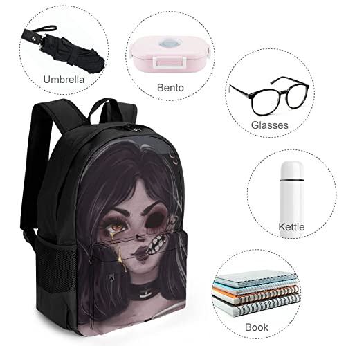 YAkkYA Gothic Women Woman Ghost Style Art Rucksacks Durable Polyester Anti-Theft Multipurpose Carry On Bag Large Capacity Gym Outdoor Hiking Backpack With Smooth Zippers