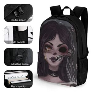 YAkkYA Gothic Women Woman Ghost Style Art Rucksacks Durable Polyester Anti-Theft Multipurpose Carry On Bag Large Capacity Gym Outdoor Hiking Backpack With Smooth Zippers