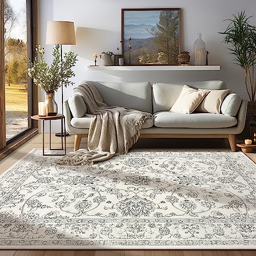 Area Rug Living Room Rugs - 5x7 Machine Washable Soft Farmhouse Boho Moroccan Floral Thin Rug Indoor Floor Carpet for Bedroom Under Dining Table Home Office Decor - Grey