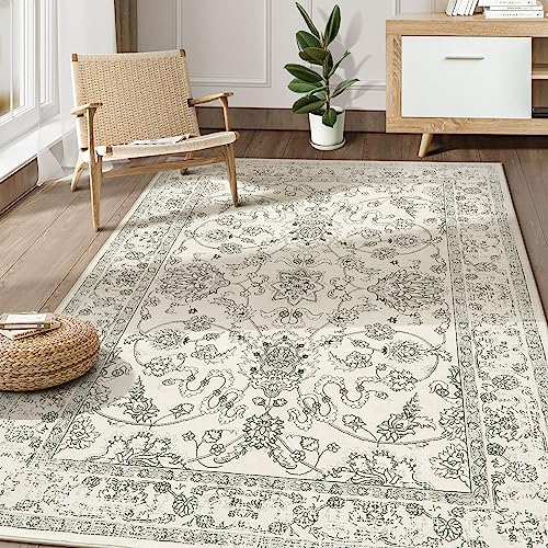 Area Rug Living Room Rugs - 5x7 Machine Washable Soft Farmhouse Boho Moroccan Floral Thin Rug Indoor Floor Carpet for Bedroom Under Dining Table Home Office Decor - Grey