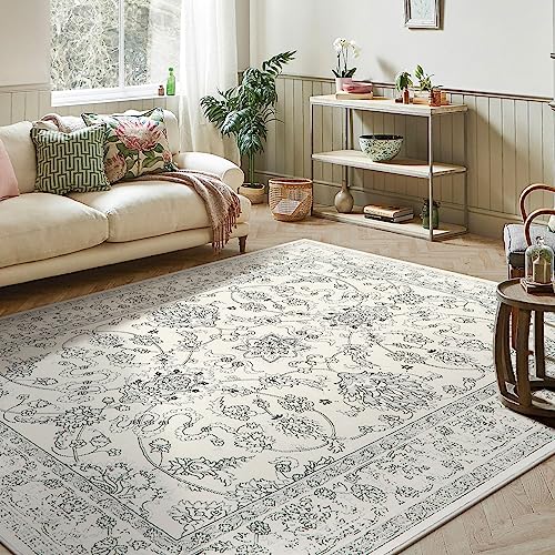 Area Rug Living Room Rugs - 5x7 Machine Washable Soft Farmhouse Boho Moroccan Floral Thin Rug Indoor Floor Carpet for Bedroom Under Dining Table Home Office Decor - Grey