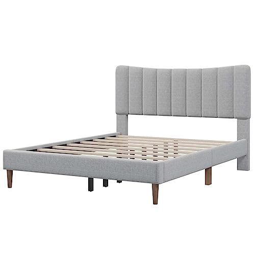 DUNTRKDU Queen Size Bed Frame, Modern Linen Upholstered Platform Bed with Vertical Channel Tufted Headboard for Boys Girls Bedroom Living Room, No Box Spring Needed (Gray)