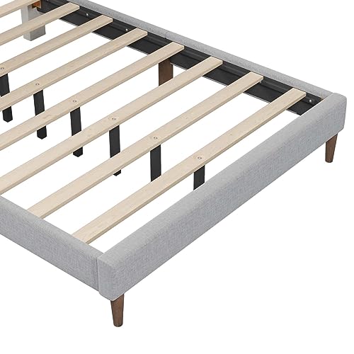 DUNTRKDU Queen Size Bed Frame, Modern Linen Upholstered Platform Bed with Vertical Channel Tufted Headboard for Boys Girls Bedroom Living Room, No Box Spring Needed (Gray)