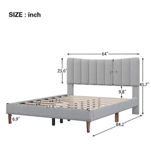 DUNTRKDU Queen Size Bed Frame, Modern Linen Upholstered Platform Bed with Vertical Channel Tufted Headboard for Boys Girls Bedroom Living Room, No Box Spring Needed (Gray)