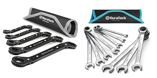 DURATECH 5-Piece Box End Ratcheting Wrench Set and 10-Piece Ratcheting Wrench Set, CR-V Steel, with Pouch