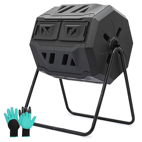 Magshion 43 Gal Chamber Compost Tumbler Outdoor Tumbling Composting Bins High Volume Garden Composter w/Dual Chamber Sliding Doors for Gardening, Black Sliding Doors