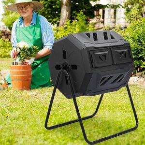 Magshion 43 Gal Chamber Compost Tumbler Outdoor Tumbling Composting Bins High Volume Garden Composter w/Dual Chamber Sliding Doors for Gardening, Black Sliding Doors