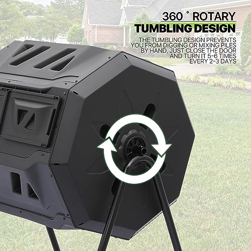 Magshion 43 Gal Chamber Compost Tumbler Outdoor Tumbling Composting Bins High Volume Garden Composter w/Dual Chamber Sliding Doors for Gardening, Black Sliding Doors