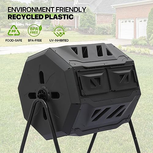 Magshion 43 Gal Chamber Compost Tumbler Outdoor Tumbling Composting Bins High Volume Garden Composter w/Dual Chamber Sliding Doors for Gardening, Black Sliding Doors