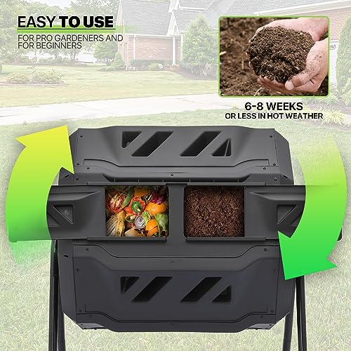 Magshion 43 Gal Chamber Compost Tumbler Outdoor Tumbling Composting Bins High Volume Garden Composter w/Dual Chamber Sliding Doors for Gardening, Black Sliding Doors