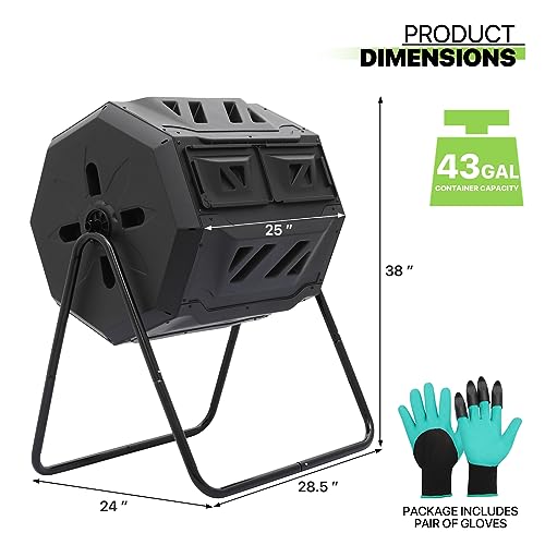 Magshion 43 Gal Chamber Compost Tumbler Outdoor Tumbling Composting Bins High Volume Garden Composter w/Dual Chamber Sliding Doors for Gardening, Black Sliding Doors