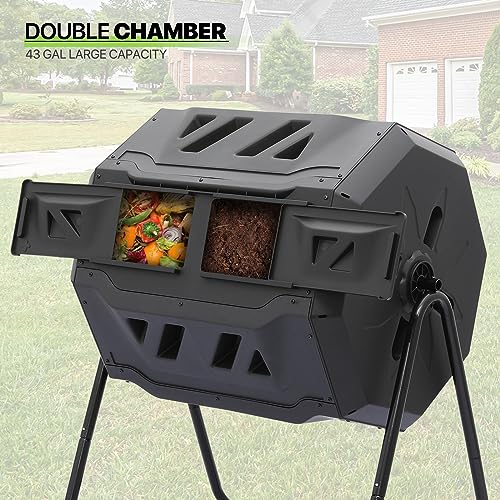 Magshion 43 Gal Chamber Compost Tumbler Outdoor Tumbling Composting Bins High Volume Garden Composter w/Dual Chamber Sliding Doors for Gardening, Black Sliding Doors