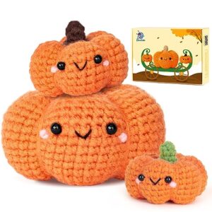 crochetta crochet kit for beginners, crochet starter kit with step-by-step video tutorials, crochet animal kits for adults and kids, diy craft supplies, 3 pack pumpkins thanksgiving decor (40%+ yarn)