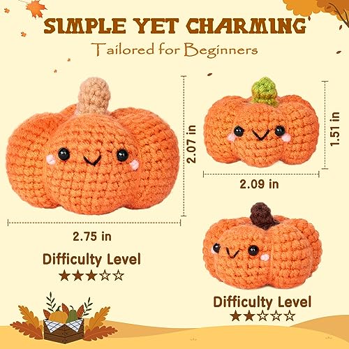 Crochetta Crochet Kit for Beginners, Crochet Starter Kit with Step-by-Step Video Tutorials, Crochet Animal Kits for Adults and Kids, DIY Craft Supplies, 3 Pack Pumpkins Thanksgiving Decor (40%+ Yarn)