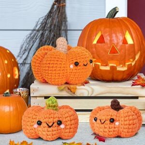 Crochetta Crochet Kit for Beginners, Crochet Starter Kit with Step-by-Step Video Tutorials, Crochet Animal Kits for Adults and Kids, DIY Craft Supplies, 3 Pack Pumpkins Thanksgiving Decor (40%+ Yarn)