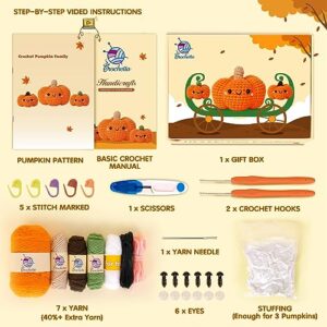 Crochetta Crochet Kit for Beginners, Crochet Starter Kit with Step-by-Step Video Tutorials, Crochet Animal Kits for Adults and Kids, DIY Craft Supplies, 3 Pack Pumpkins Thanksgiving Decor (40%+ Yarn)