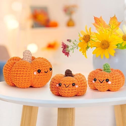 Crochetta Crochet Kit for Beginners, Crochet Starter Kit with Step-by-Step Video Tutorials, Crochet Animal Kits for Adults and Kids, DIY Craft Supplies, 3 Pack Pumpkins Thanksgiving Decor (40%+ Yarn)