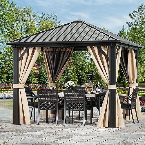 YITAHOME 10x10ft Hardtop Gazebo with Nettings and Curtains, Heavy Duty Galvanized Steel Outdoor Vertical Stripes Roof for Patio, Backyard, Deck, Lawns, Brown