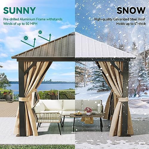 YITAHOME 10x10ft Hardtop Gazebo with Nettings and Curtains, Heavy Duty Galvanized Steel Outdoor Vertical Stripes Roof for Patio, Backyard, Deck, Lawns, Brown