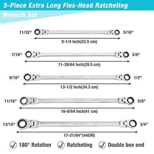 DURATECH Extra Long Flex-Head Ratcheting Wrench Set and Double Box End Ratcheting Wrench Set, 5-Piece, CR-V Steel, with EVA Foam Tool Organizer