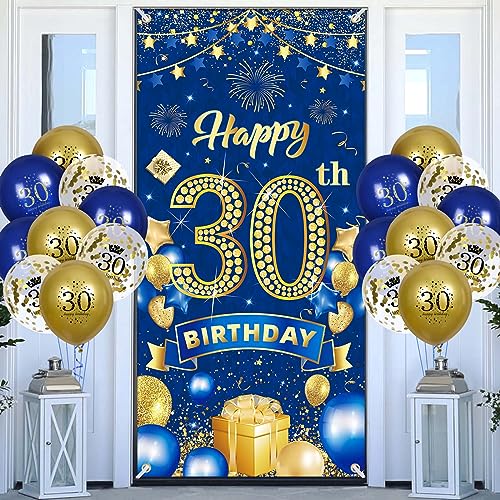 30th Birthday Party Decorations for Men Navy Blue Gold Happy 30th Birthday Banner with 18pcs 30th Balloons 30th Door Cover Backdrop for Men Women Birthday Anniversary Party Sign Porch Decor Supplies