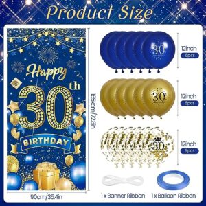 30th Birthday Party Decorations for Men Navy Blue Gold Happy 30th Birthday Banner with 18pcs 30th Balloons 30th Door Cover Backdrop for Men Women Birthday Anniversary Party Sign Porch Decor Supplies