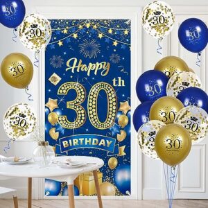 30th Birthday Party Decorations for Men Navy Blue Gold Happy 30th Birthday Banner with 18pcs 30th Balloons 30th Door Cover Backdrop for Men Women Birthday Anniversary Party Sign Porch Decor Supplies