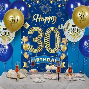 30th Birthday Party Decorations for Men Navy Blue Gold Happy 30th Birthday Banner with 18pcs 30th Balloons 30th Door Cover Backdrop for Men Women Birthday Anniversary Party Sign Porch Decor Supplies