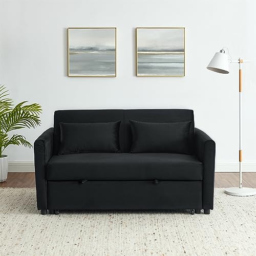 3 in 1 Convertible Sleeper Sofa Bed, Velvet Pull Out Couch with Storage Pockets and Pillows, Modern Futon Upholstered Small Loveseat for Living Room, Guest Room, Office, Dorm (Black with Rolled Arms)