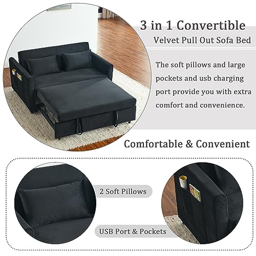 3 in 1 Convertible Sleeper Sofa Bed, Velvet Pull Out Couch with Storage Pockets and Pillows, Modern Futon Upholstered Small Loveseat for Living Room, Guest Room, Office, Dorm (Black with Rolled Arms)