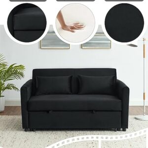 3 in 1 Convertible Sleeper Sofa Bed, Velvet Pull Out Couch with Storage Pockets and Pillows, Modern Futon Upholstered Small Loveseat for Living Room, Guest Room, Office, Dorm (Black with Rolled Arms)