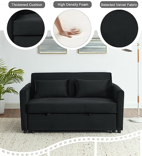 3 in 1 Convertible Sleeper Sofa Bed, Velvet Pull Out Couch with Storage Pockets and Pillows, Modern Futon Upholstered Small Loveseat for Living Room, Guest Room, Office, Dorm (Black with Rolled Arms)