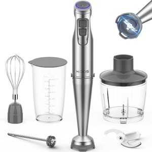 koios 1100w immersion hand blender, stainless steel stick blender with 12-speed & turbo mode, 5-in-1 handheld blender with 600ml mixing beaker with lid, 500ml chopper, whisk, milk frother, bpa-free