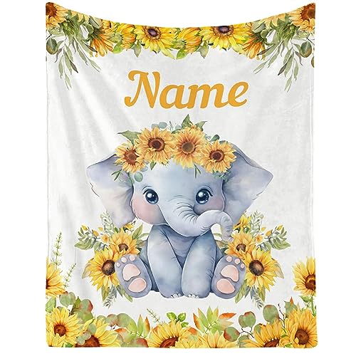 Personalized Baby Blanket Gifts for Girls Boys-Super Soft Comfy Flannel Throw Custom Name Sunflower Elephant Newborns Gift Cozy Nursery Toddler Fleece Blankets for Birthday Bed Sofa-30''x40''