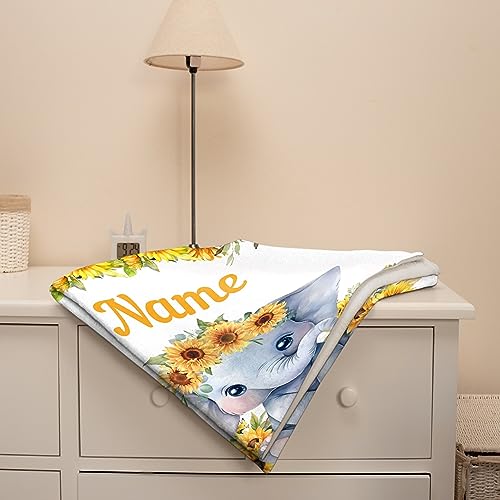 Personalized Baby Blanket Gifts for Girls Boys-Super Soft Comfy Flannel Throw Custom Name Sunflower Elephant Newborns Gift Cozy Nursery Toddler Fleece Blankets for Birthday Bed Sofa-30''x40''