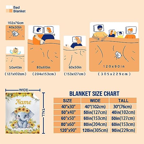 Personalized Baby Blanket Gifts for Girls Boys-Super Soft Comfy Flannel Throw Custom Name Sunflower Elephant Newborns Gift Cozy Nursery Toddler Fleece Blankets for Birthday Bed Sofa-30''x40''