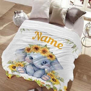 Personalized Baby Blanket Gifts for Girls Boys-Super Soft Comfy Flannel Throw Custom Name Sunflower Elephant Newborns Gift Cozy Nursery Toddler Fleece Blankets for Birthday Bed Sofa-30''x40''