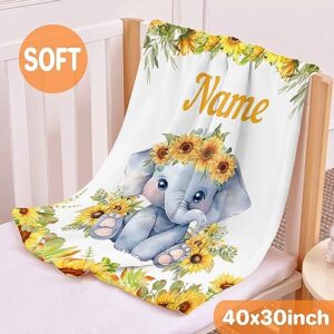 Personalized Baby Blanket Gifts for Girls Boys-Super Soft Comfy Flannel Throw Custom Name Sunflower Elephant Newborns Gift Cozy Nursery Toddler Fleece Blankets for Birthday Bed Sofa-30''x40''