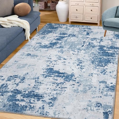 Zacoo Washable Rug 5x7 Area Rugs Abstract Blue Printed Rug Low Pile Area Rug Modern Rug Abstract Distressed Floor Mat Non Slip Area Rugs Living Room Bedroom Light Blue