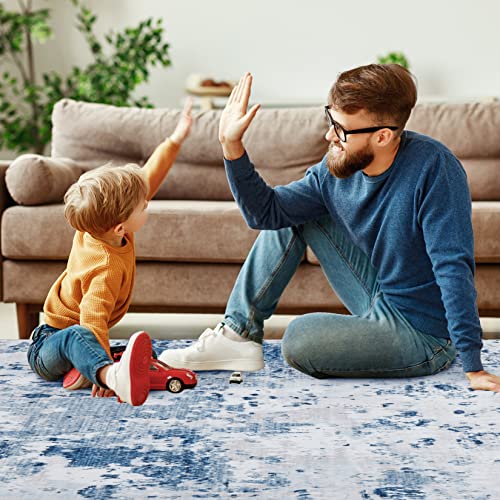 Zacoo Washable Rug 5x7 Area Rugs Abstract Blue Printed Rug Low Pile Area Rug Modern Rug Abstract Distressed Floor Mat Non Slip Area Rugs Living Room Bedroom Light Blue