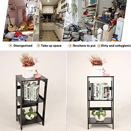 Bookshelf Organizer 3 Tier, Black Bookcase 2 Shelf, End Table Side Table with Storage Rack Nightstand for Livingroom Home Office Kitchen