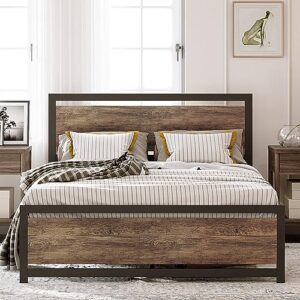 likimio queen bed frame, platform bed with headboard and under bed storage for queen size mattress, sturdy and easy assembly, no box spring needed, walnut