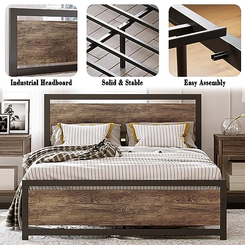 LIKIMIO Queen Bed Frame, Platform Bed with Headboard and Under Bed Storage for Queen Size Mattress, Sturdy and Easy Assembly, No Box Spring Needed, Walnut