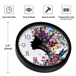 Modern Wall Clocks Battery Operated, 10 Inch Silent Non-Ticking, Pink Colorful Kissing Girl Flowers Birds Butterflies Clock for Bathroom, Office, Bedroom, Home, Kitchen, Living Room