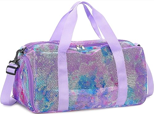 CAMTOP Mesh Travel Duffle Bag for Kid Girls Boys Small Overnight Weekender Sleepover Bags Carry On Dance Sport Bag with Shoe & Wet Compartment for Swim Beach Camp Travel