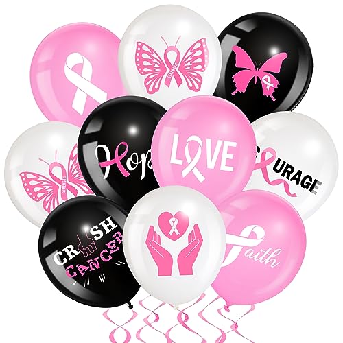 Tiamon 45 Pcs Breast Cancer Awareness Balloons Breast Cancer Party Supplies Pink White Black Balloons Pink Ribbons Latex Balloons for Pink Ribbon Charity Event Survivor Campaign Party Decorations