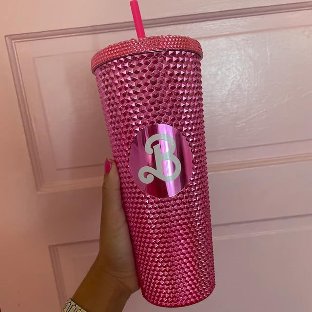 CAKEASY Pink Studded Tumbler, Bling Bling Pink Cup, 24oz Girls Water Bottle With Straw, The Movie Merch, Travel Mug for Women and Men, Cupholder Friendly, for Home, Office, Outdoor