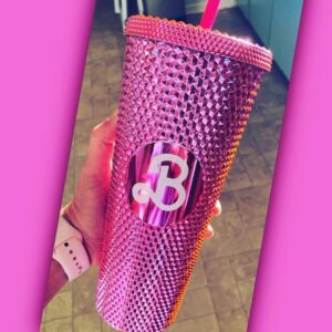 CAKEASY Pink Studded Tumbler, Bling Bling Pink Cup, 24oz Girls Water Bottle With Straw, The Movie Merch, Travel Mug for Women and Men, Cupholder Friendly, for Home, Office, Outdoor