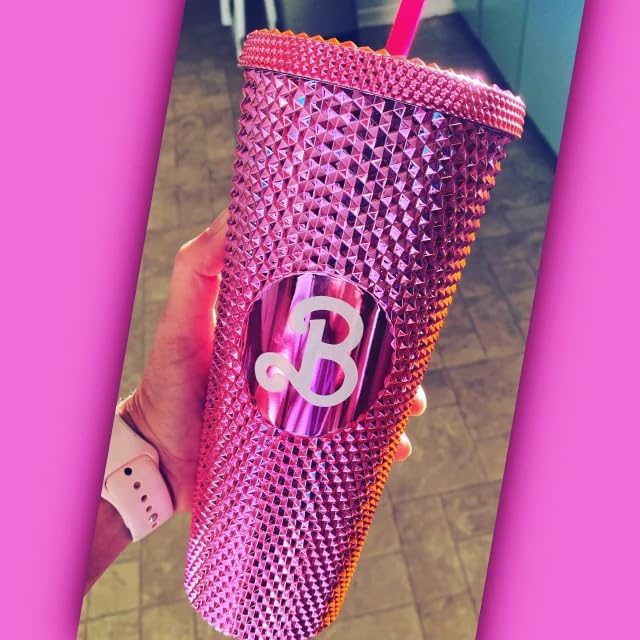 CAKEASY Pink Studded Tumbler, Bling Bling Pink Cup, 24oz Girls Water Bottle With Straw, The Movie Merch, Travel Mug for Women and Men, Cupholder Friendly, for Home, Office, Outdoor