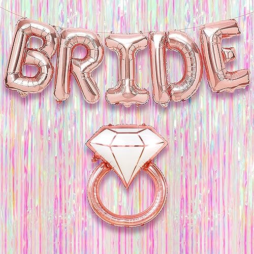 KatchOn, XtraLarge Iridescent Backdrop with Bride Balloons Rose Gold Set - 40 Inch, Pack of 4 | Diamond Ring Balloon, Bride Balloons Bachelorette Party Decorations | Iridescent Party Backdrop Decor